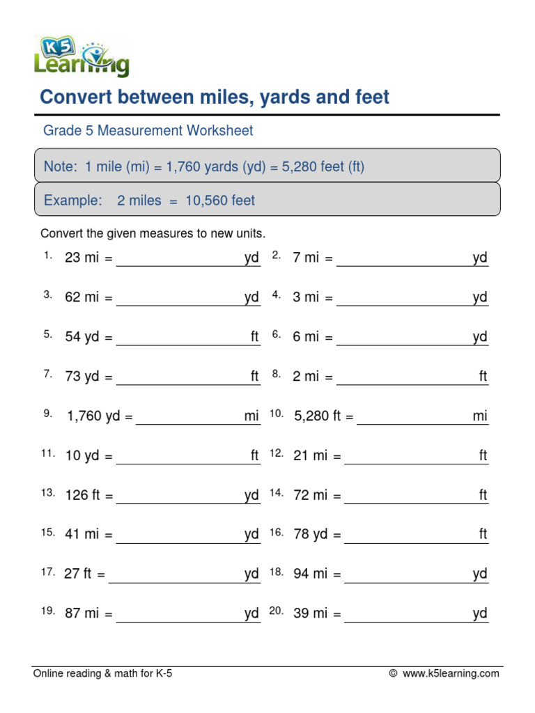 Grade 5 Converting Units Length Whole Miles Yards Feet A | PDF