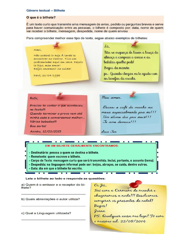 Gênero Textual - Bilhete | PDF