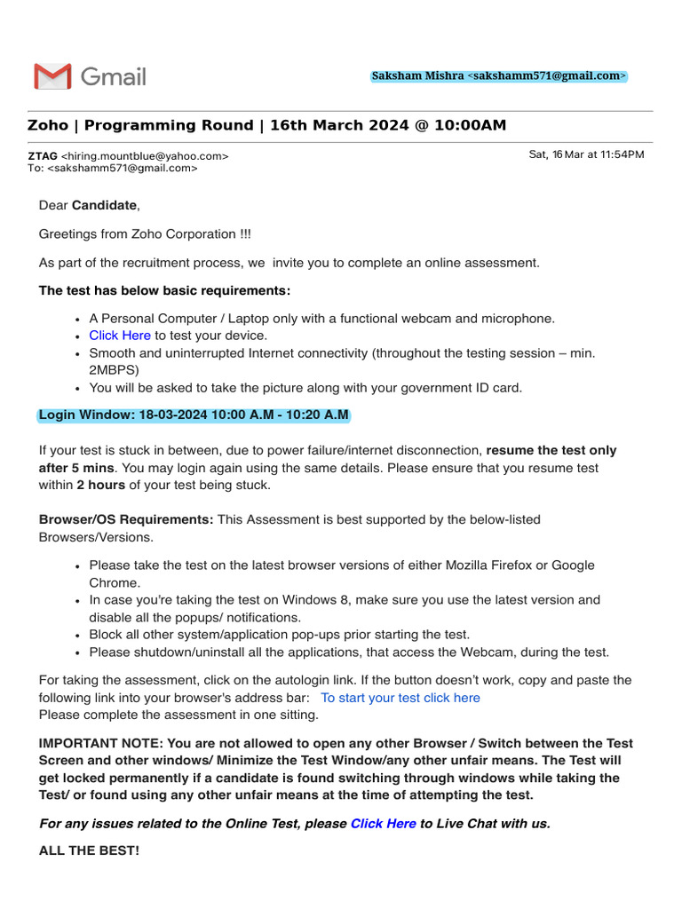 Zoho - Programming Round - 16th March 2024 at 10:00AM: Click Here | PDF