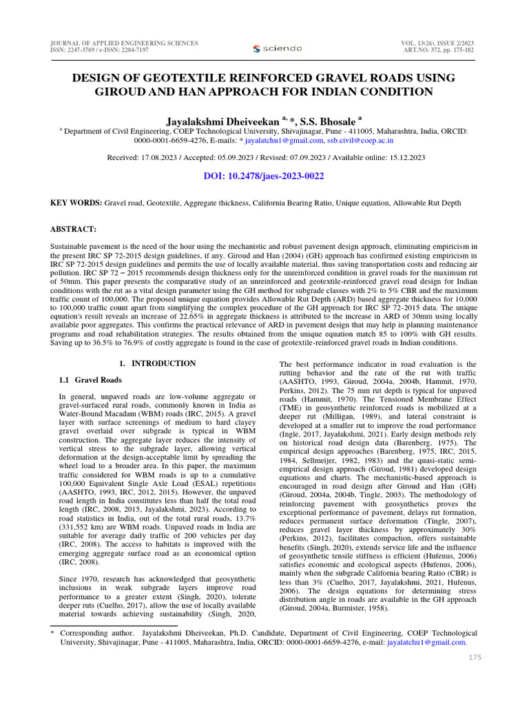 Design of Geotextile Reinforced Gravel Roads Using Giroud and Han ...