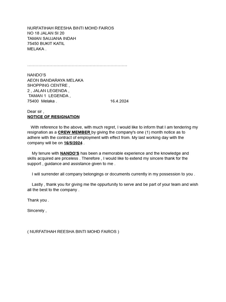 Resign Letter Nando's | PDF Resign Letter Nando's | PDF