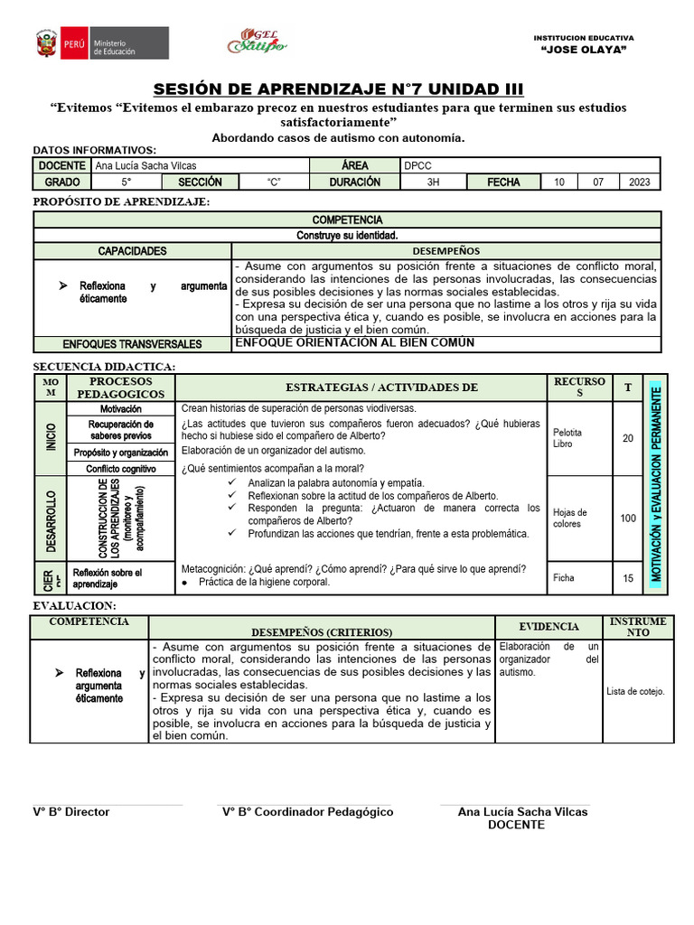 Sesión 7 DPCC Iii Unid Jose Olaya 5C | PDF | Aprendizaje | Evaluación