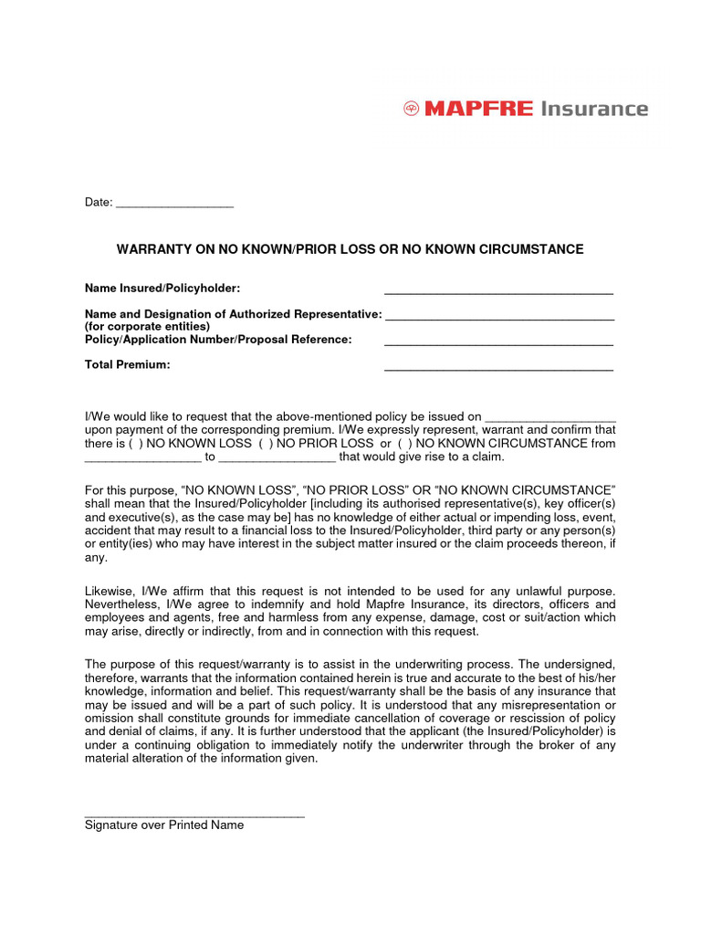 No Known Loss Warranty Statement | PDF