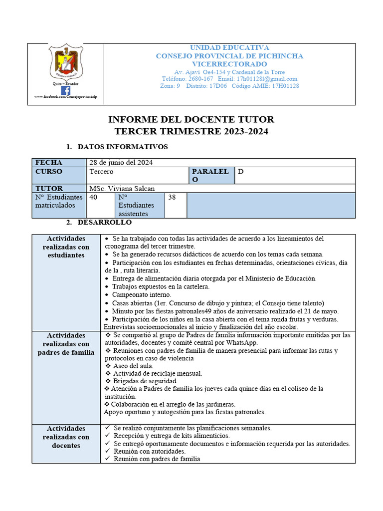 A1.informe de Docente Tutor Tercero D | PDF | Aprendizaje