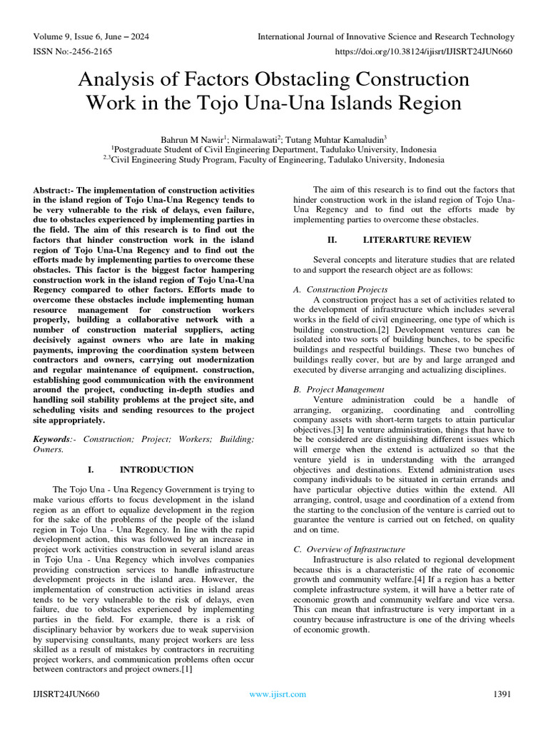 Analysis of Factors Obstacling Construction Work in The Tojo Una-Una Islands Region | PDF ...