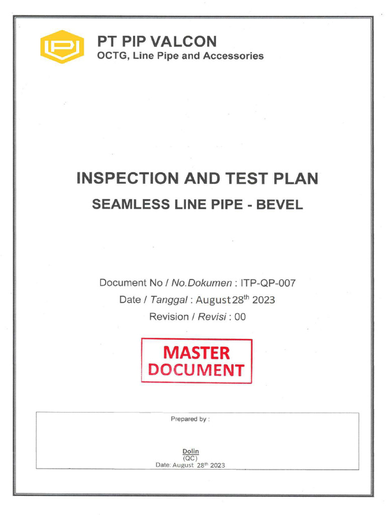 ITP-QP-07 Seamless Line Pipe - Bevel Rev.00 - 1 | PDF | Pipe (Fluid Conveyance) | Specification ...