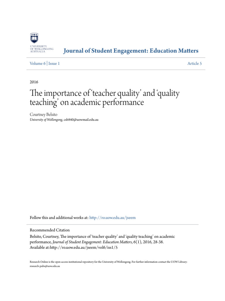 The Importance of - Teacher Quality - and - Quality Teaching - On Aca ...