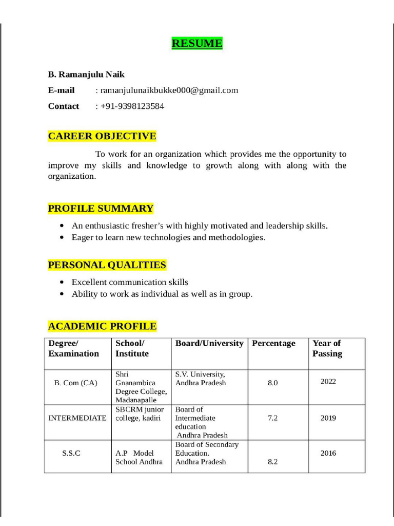 Ram Fresher Resume | PDF