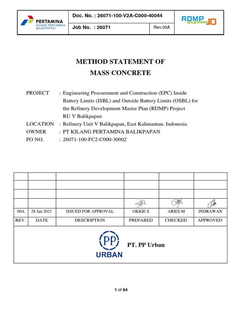 26071-100-V2A-C000-40044 Mass Concrete Works Method Statement 00A | PDF | Concrete | Deep Foundation