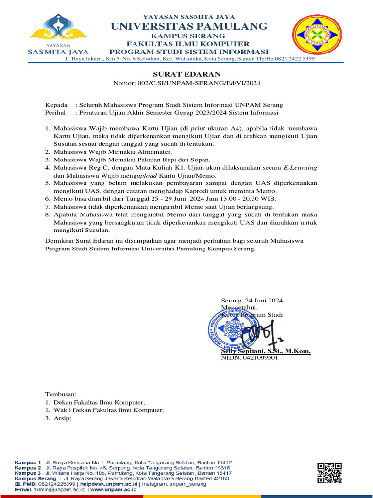 Surat Edaran Peraturan UAS TA. Genap 2023-2024 - Rev | PDF | Sains & Matematika | Komputer