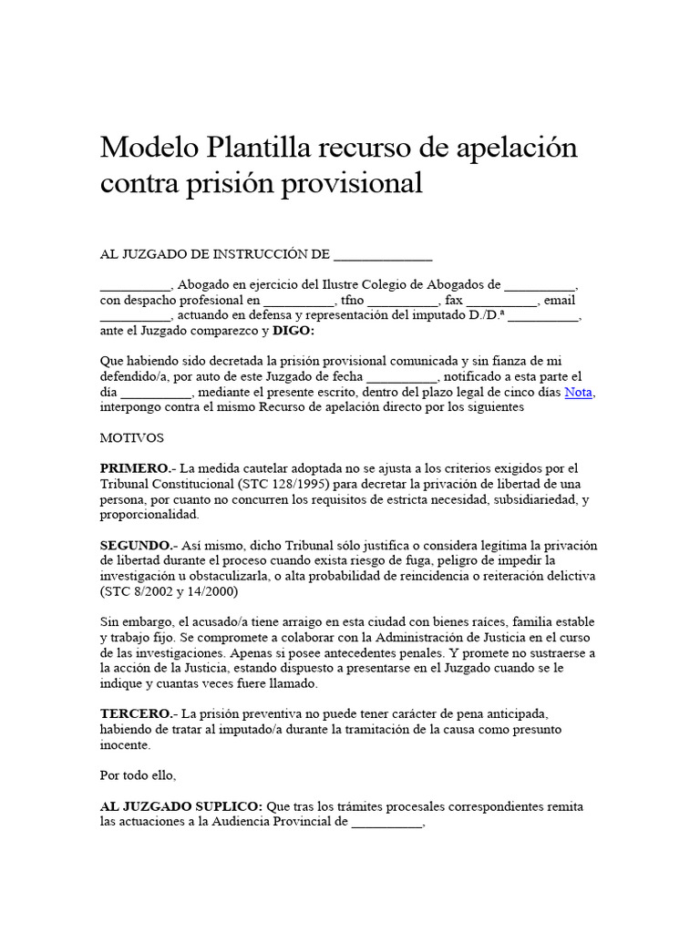 Modelo Plantilla Recurso de Apelacion Contra Prision Provisional | PDF | Prisión | Apelación