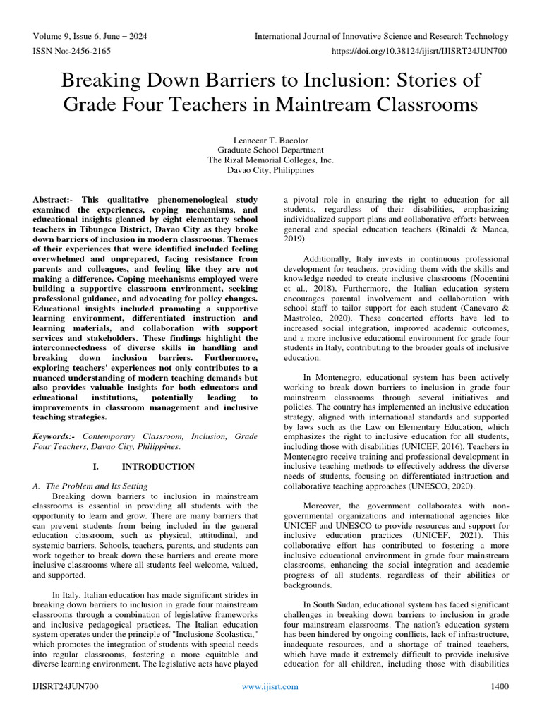 Breaking Down Barriers To Inclusion: Stories of Grade Four Teachers in ...