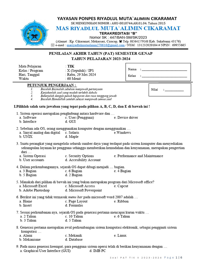 Soal PAT TIK Kelas X IPS | PDF | Teknologi & Rekayasa