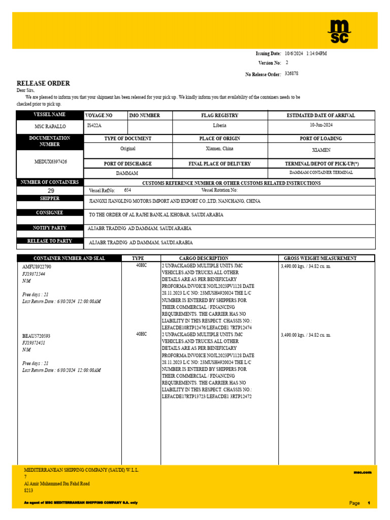 Shipment Release Order for JMC Vehicles | PDF | Cargo | Shipping