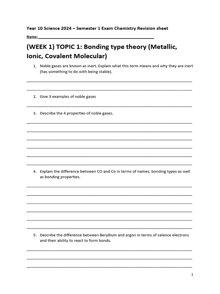 Year 10 Science 2024 Semester Exam Revision Sheet | PDF | Ion | Salt ...