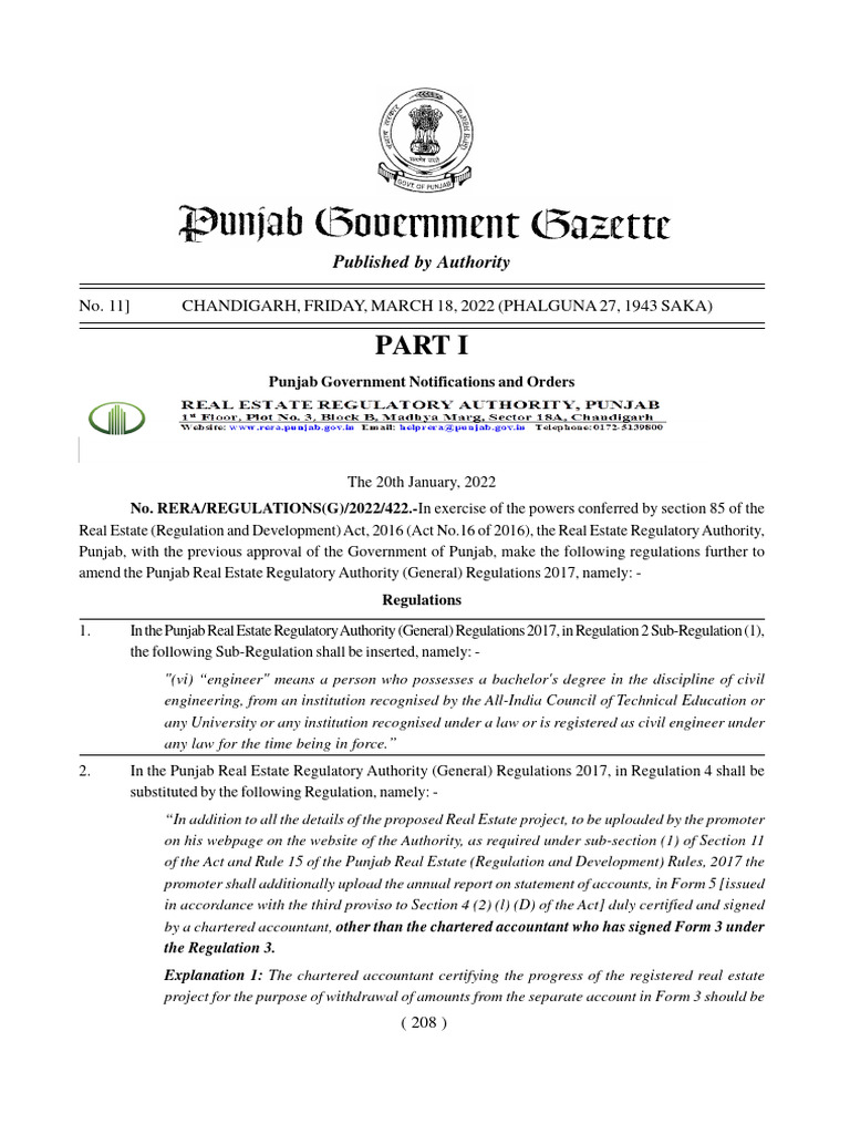 Corrigendum RERA Punjab Regulations Amendment Gazette 18042022 | PDF ...