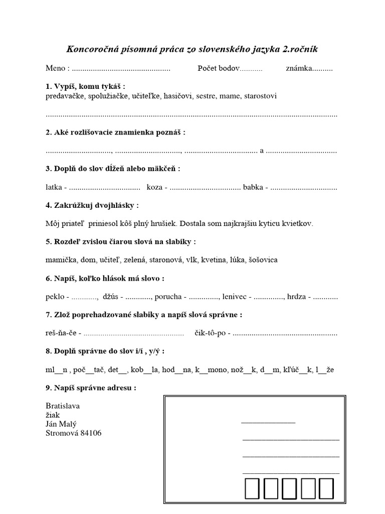 Koncorocny Test Zo SJ 2. Roc. | PDF