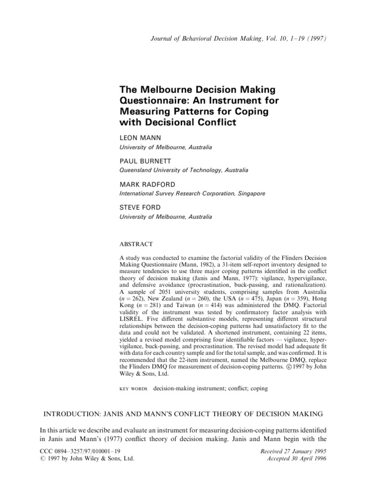 The Melbourne Decision Making Questionna | PDF
