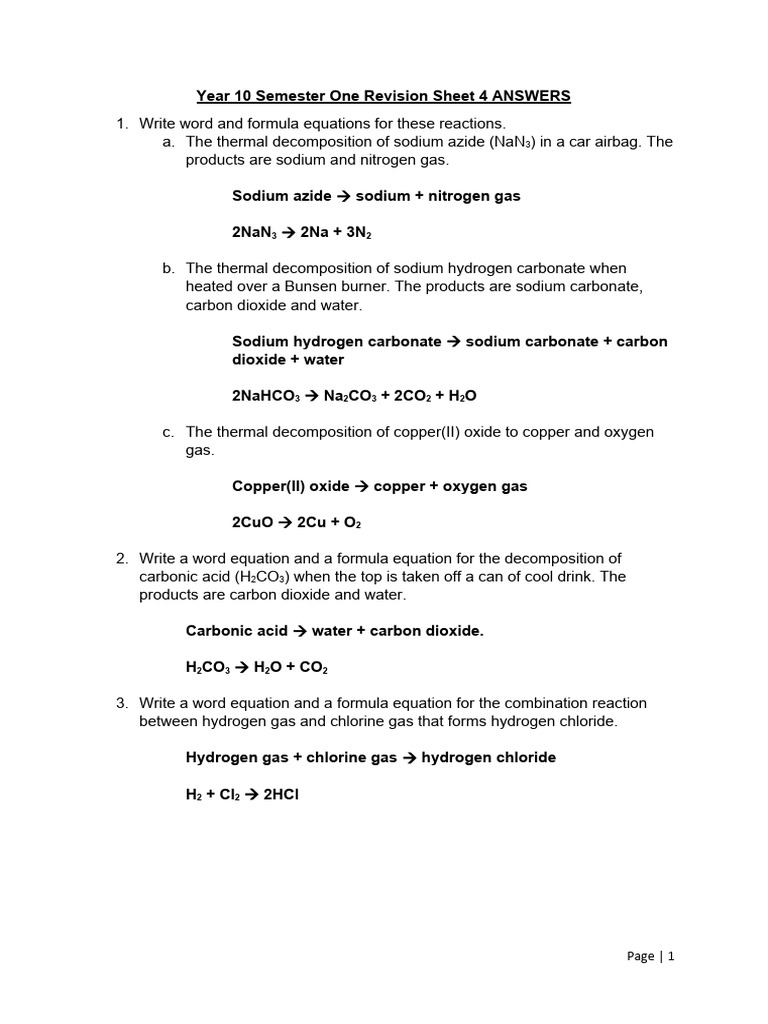 Year 10 Chemistry Revision Answers | PDF | Oxide | Chlorine