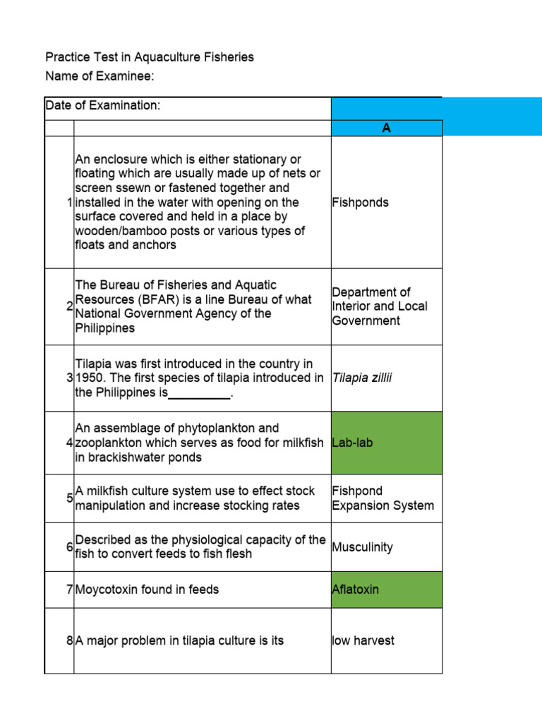 Aquaculture Fisheries Practice Test | PDF | Aquaculture | Coral