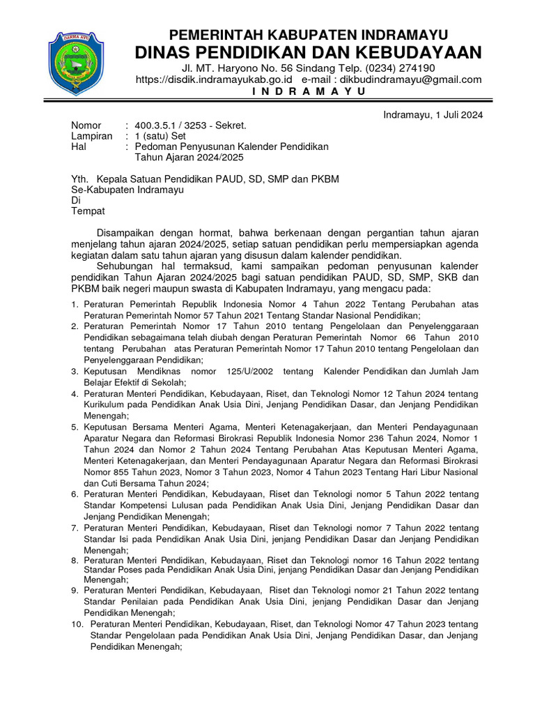 Kalender Pendidikan PAUD 2024/2025 Indramayu | PDF