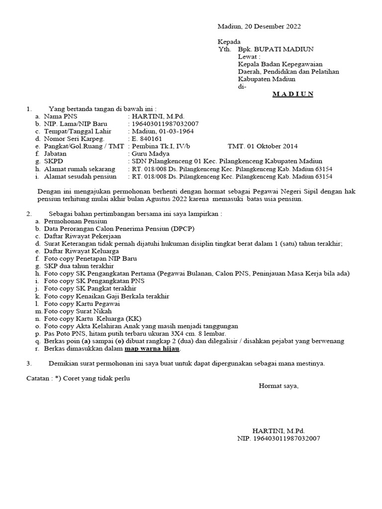 Permohonan Pensiun PNS Hartini M.Pd. | PDF