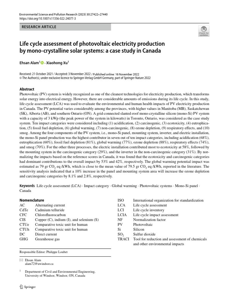Life Cycle Assessment of Photovoltaic Electricity Production | PDF ...