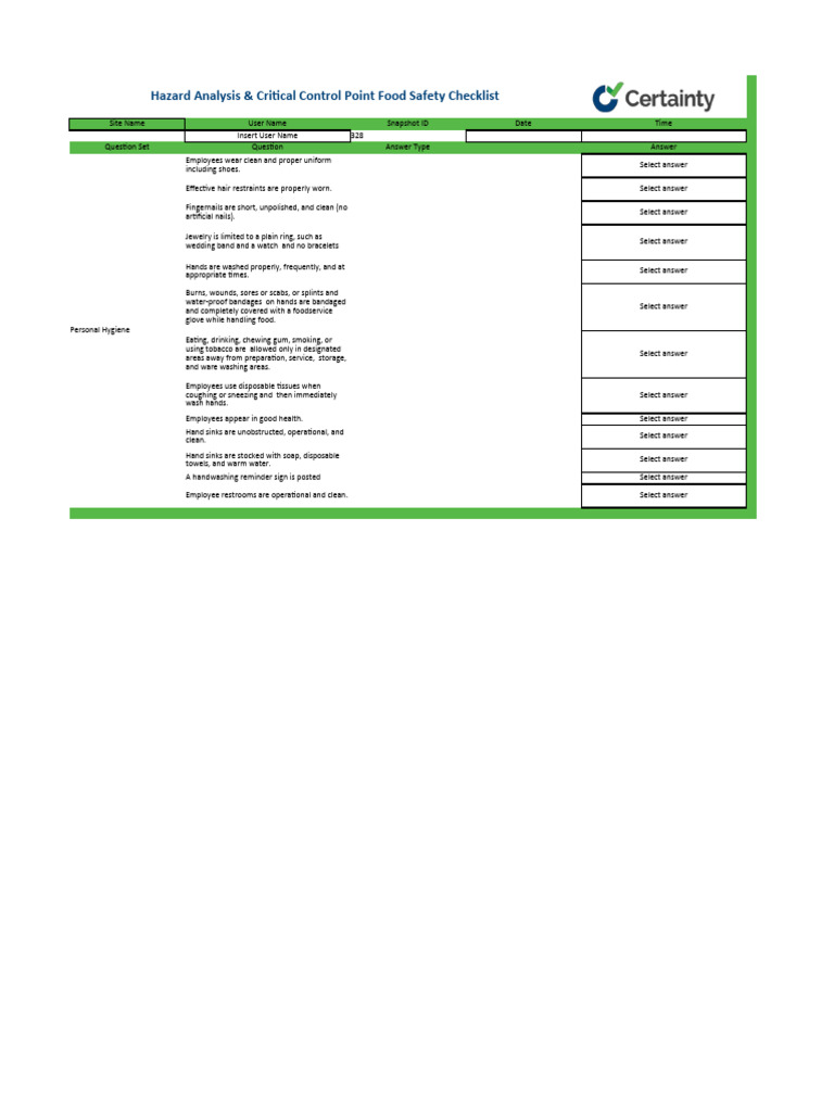 Hazard Analysis and Critical Control Point HACCP Food Safety Checklist ...