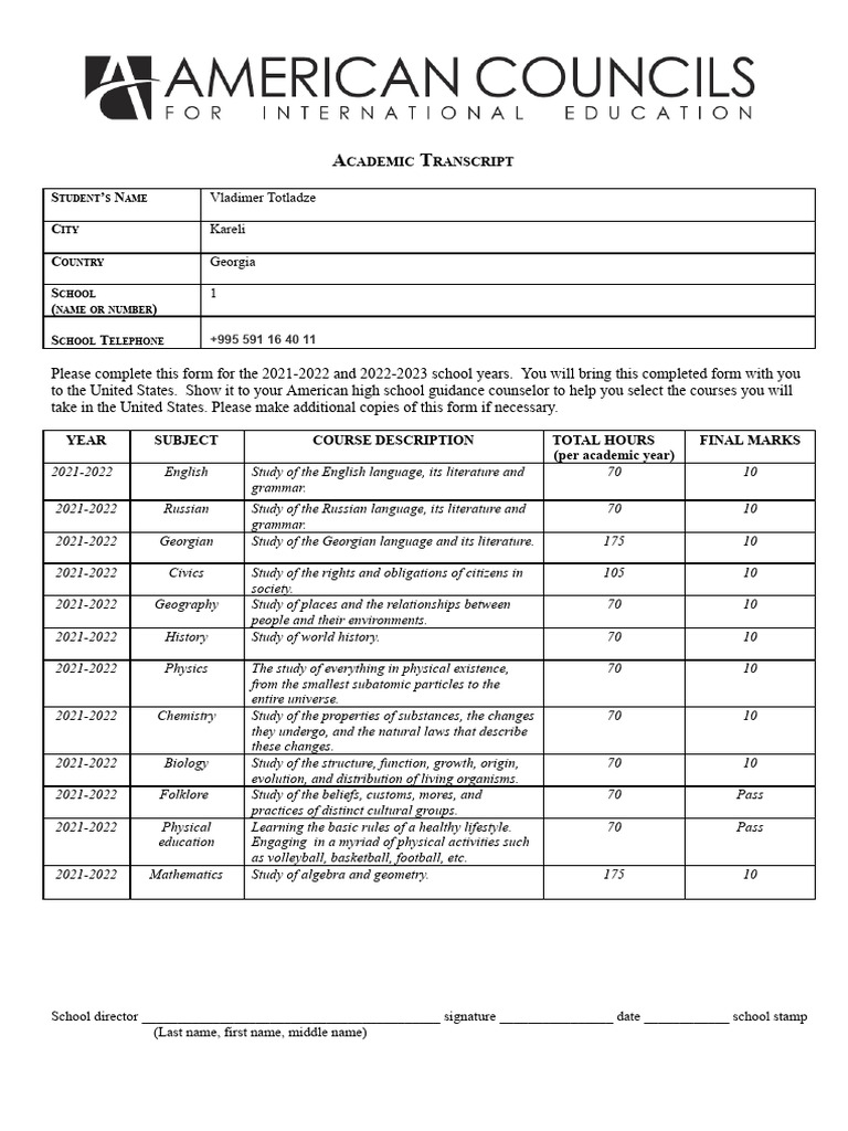 Academic Transcript for Vladimer Totladze | PDF | Mathematics | Physics