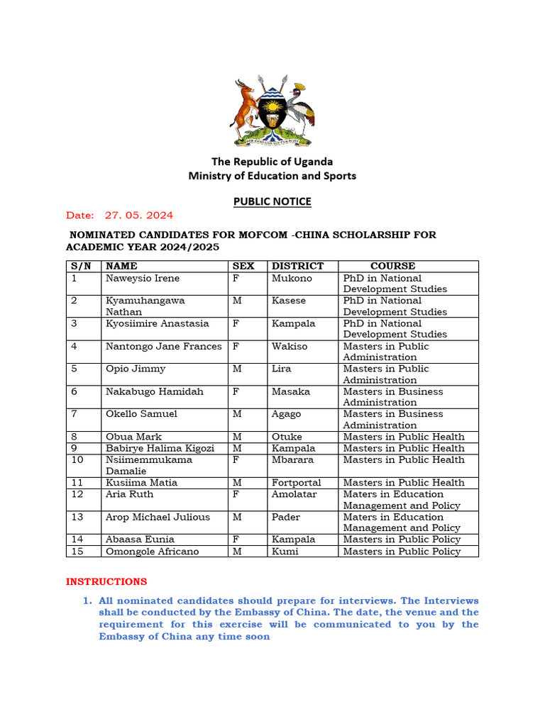 MOFCOM China Scholarship Candidates 2024 | PDF | Academic Degree