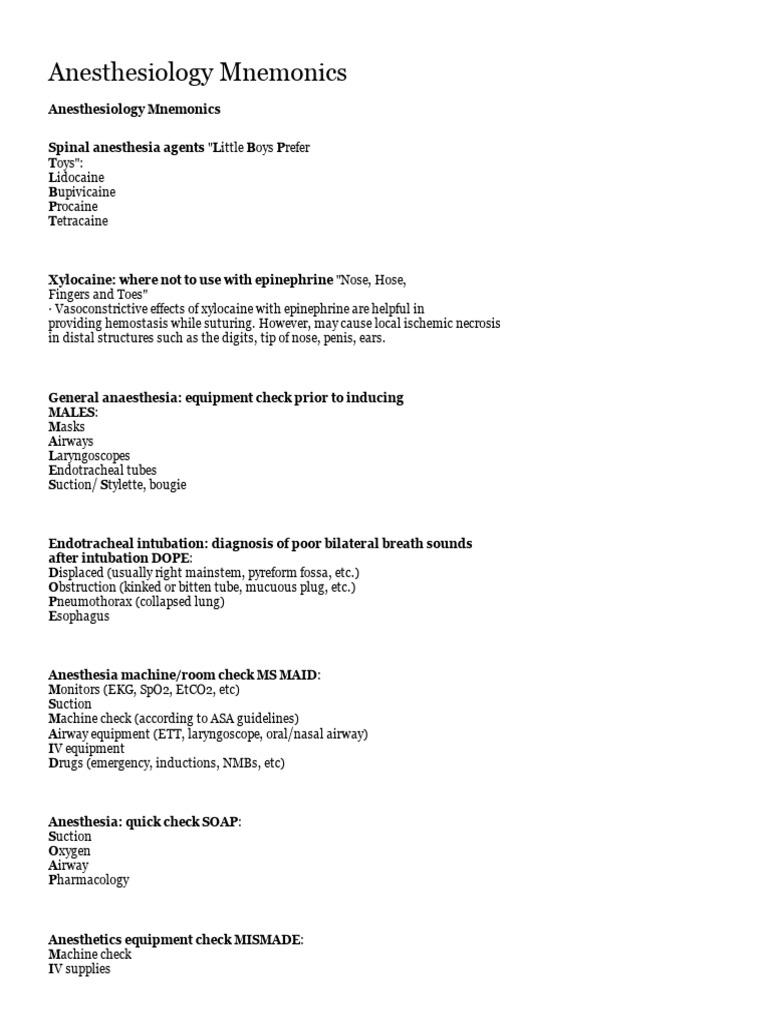 Anesthesiology Mnemonics | PDF | Science & Mathematics