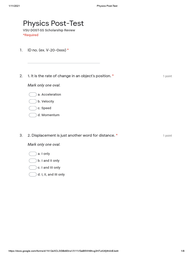 7.2 Physics Post-Test | PDF | Force | Acceleration
