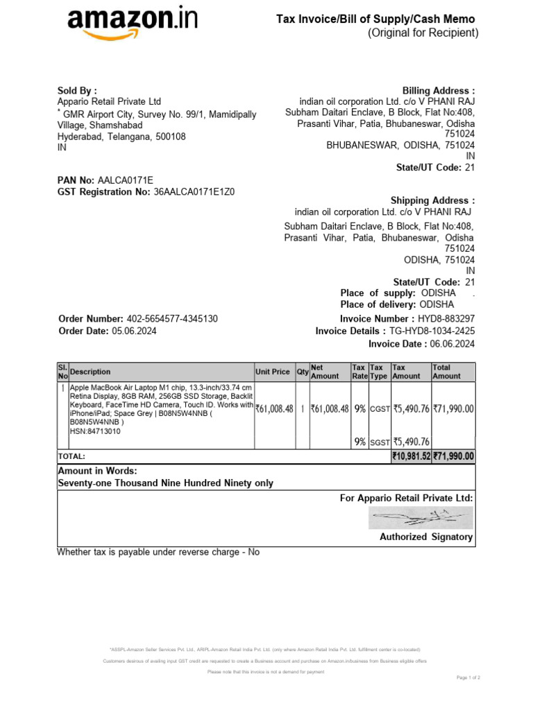 GST Invoice for Apple MacBook Purchase | PDF | Invoice | Apple Inc ...
