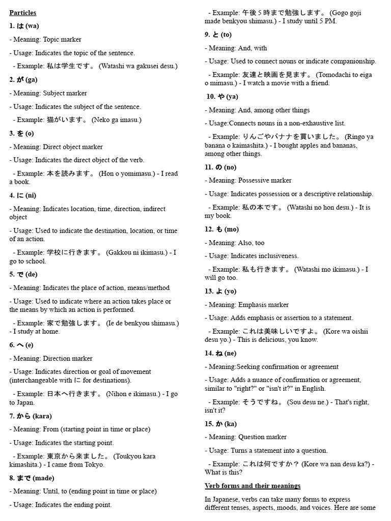 Particles For n4 Level | PDF | Grammatical Tense | Verb