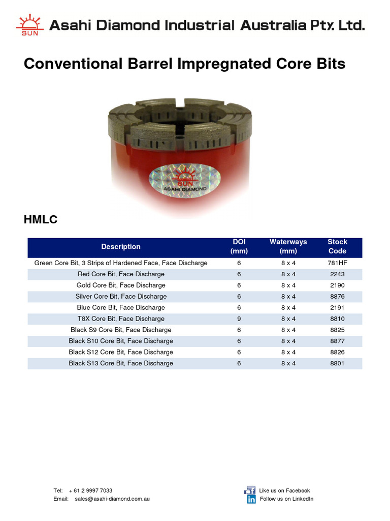HMLC Conventional Barrel Impregnated Core Bits Info Sheet | PDF