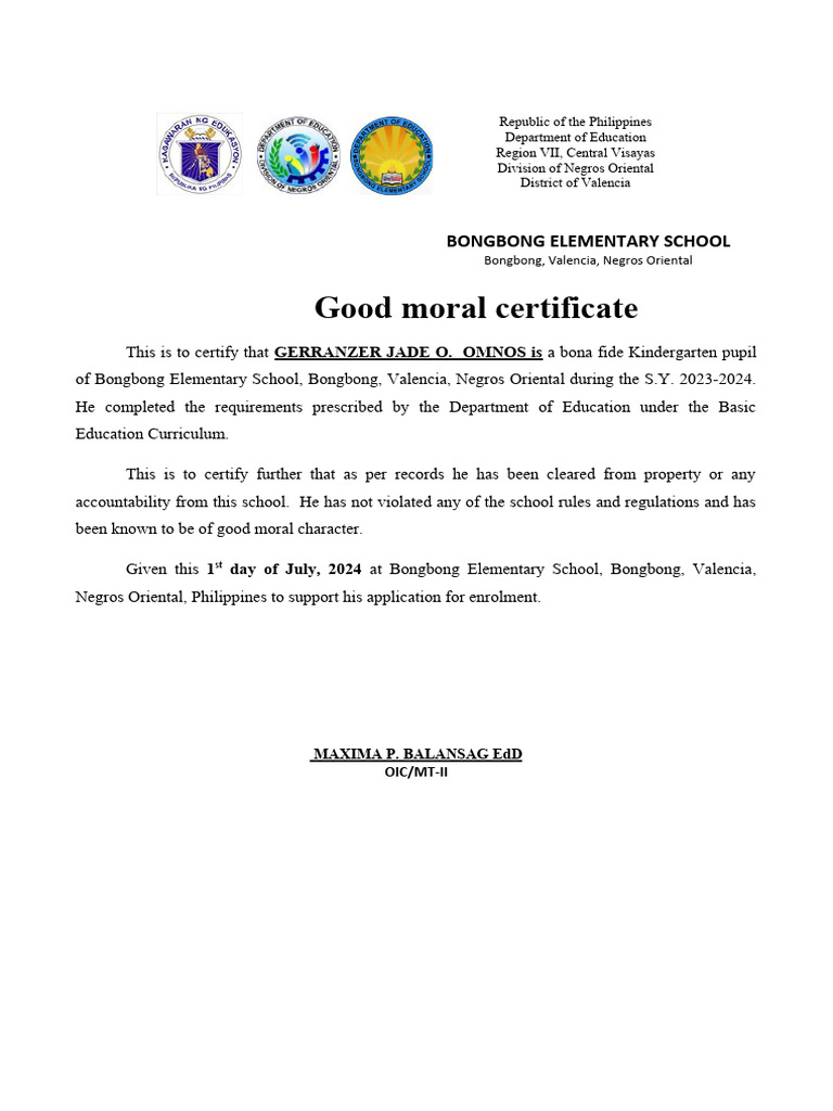 Good Moral Certificates from Bongbong School | PDF | Philippines ...