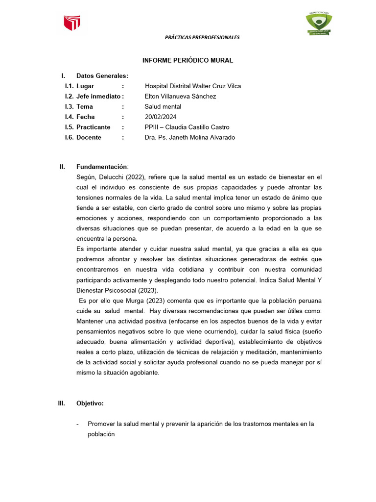 Informe de Periódico Mural 1 | PDF | Salud mental | Mente