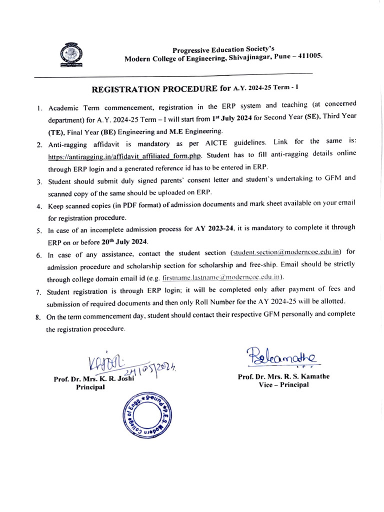 Registration Procedure AY-2024-25-Term-I | PDF