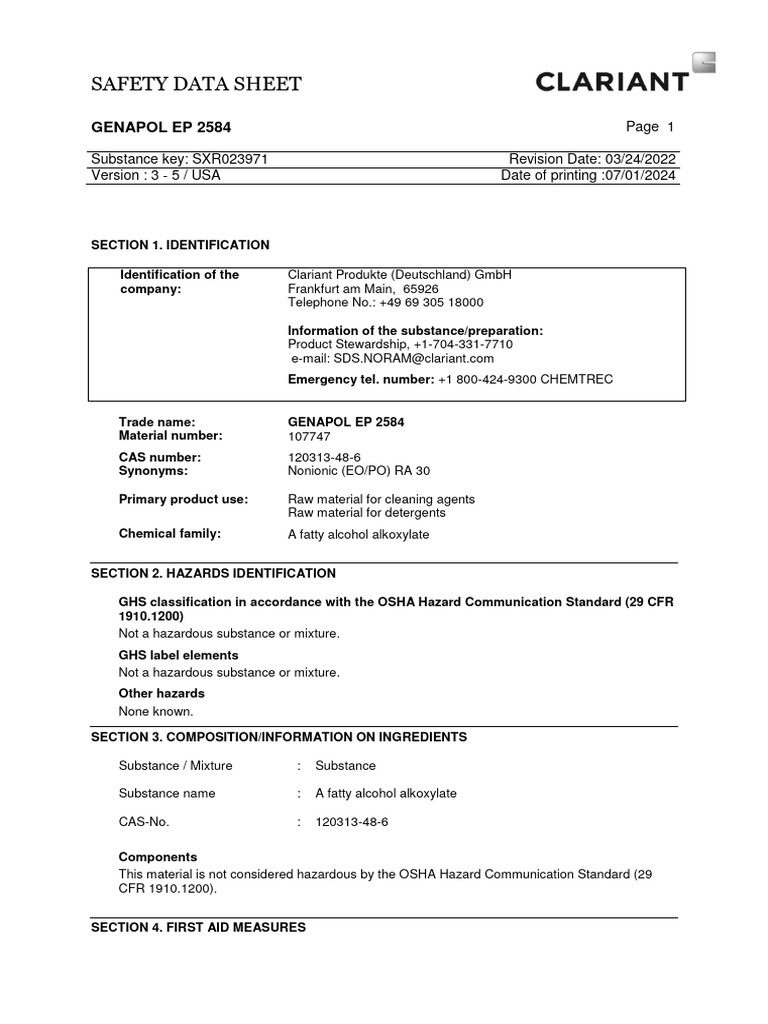 Clariant SDS GENAPOL EP 2584 USA English | PDF | Firefighting | Personal Protective Equipment