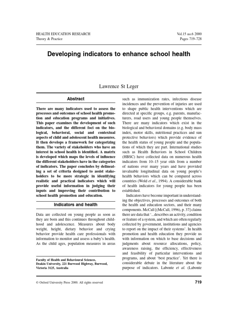 Developing Indicators To Enhance School Health | PDF | World Health Organization | Health Education