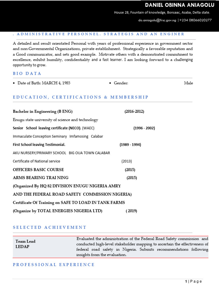 Curriculum Vitae of Aniagolu Daniel Obinna (CV) | PDF | Packaging And Labeling | Road Traffic Safety