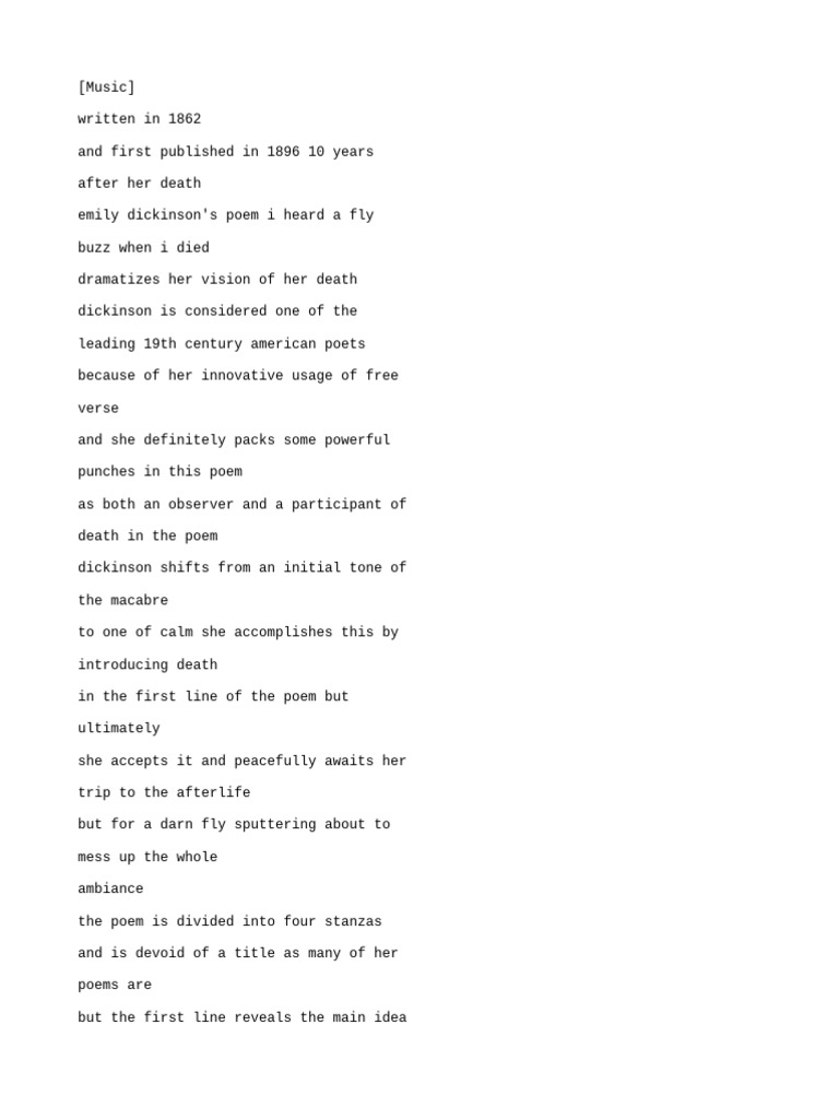 Analyzing Dickinson's "I Heard a Fly Buzz" | PDF | Poetry