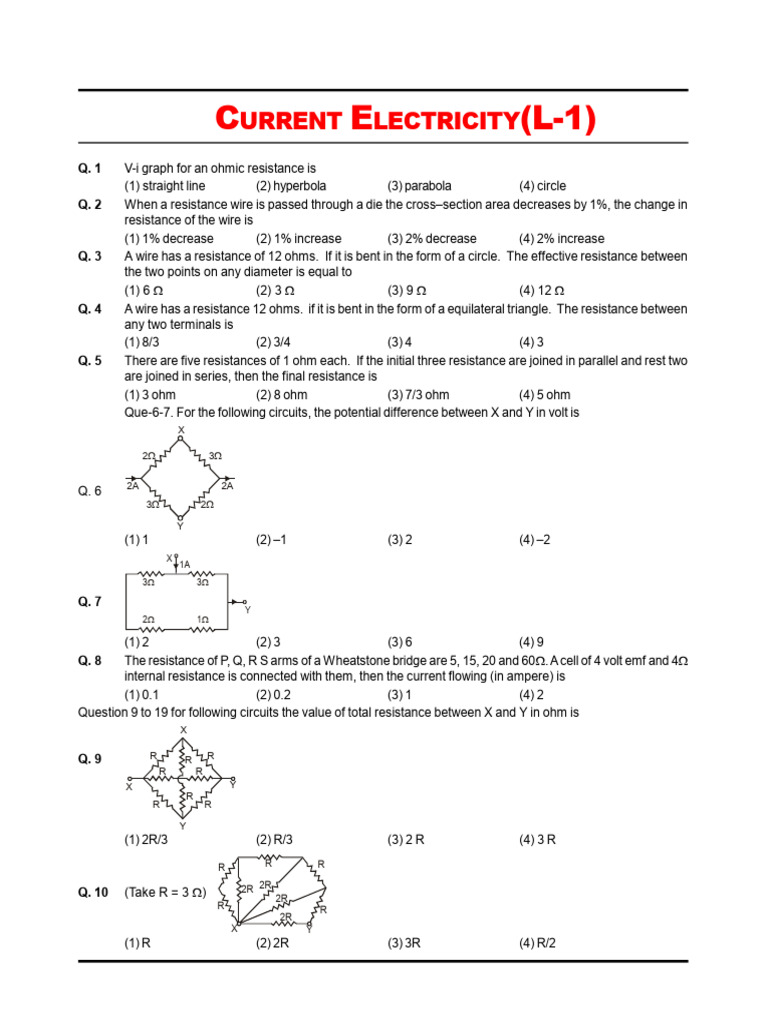 Current Electricity L-1 Worksheet | PDF | Voltage | Electrical ...