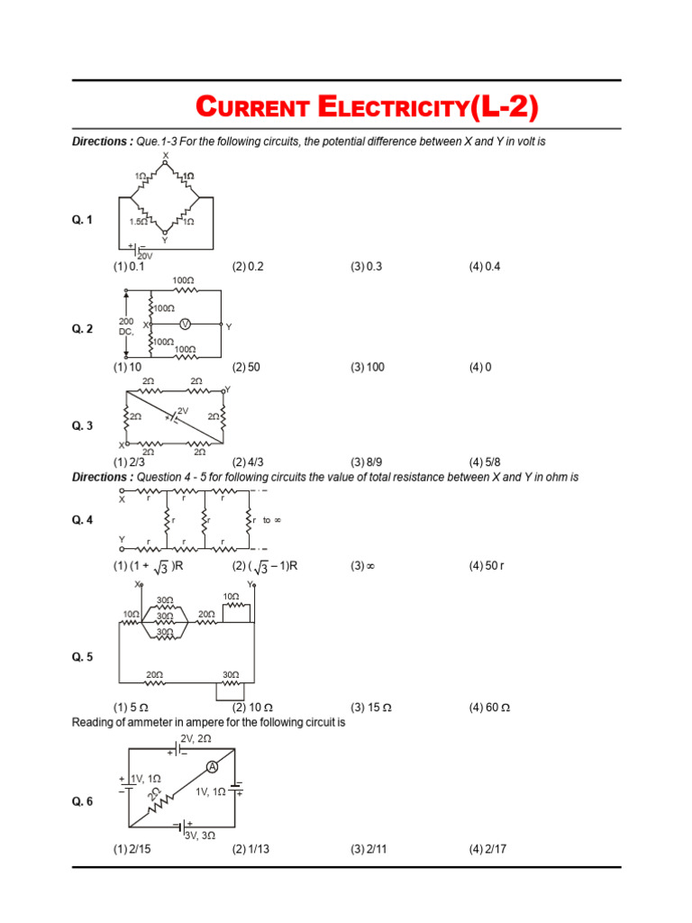 Current Electricity L-2 Worksheet | PDF | Electrical Resistivity And Conductivity | Voltage