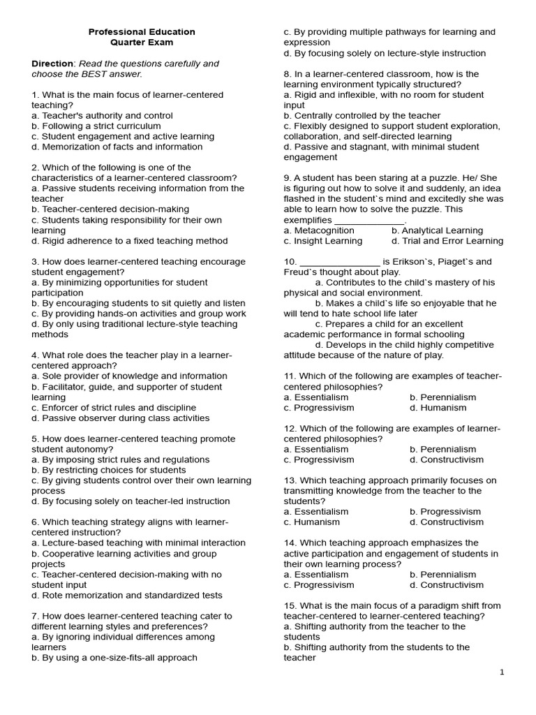 Professional Education QUARTER EXAM 200 ITEMS | PDF | Motivational ...