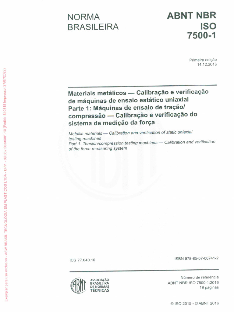 ABNT NBR ISO 7500-1 - Calibração e Verificação de Máquinas de Ensaio ...