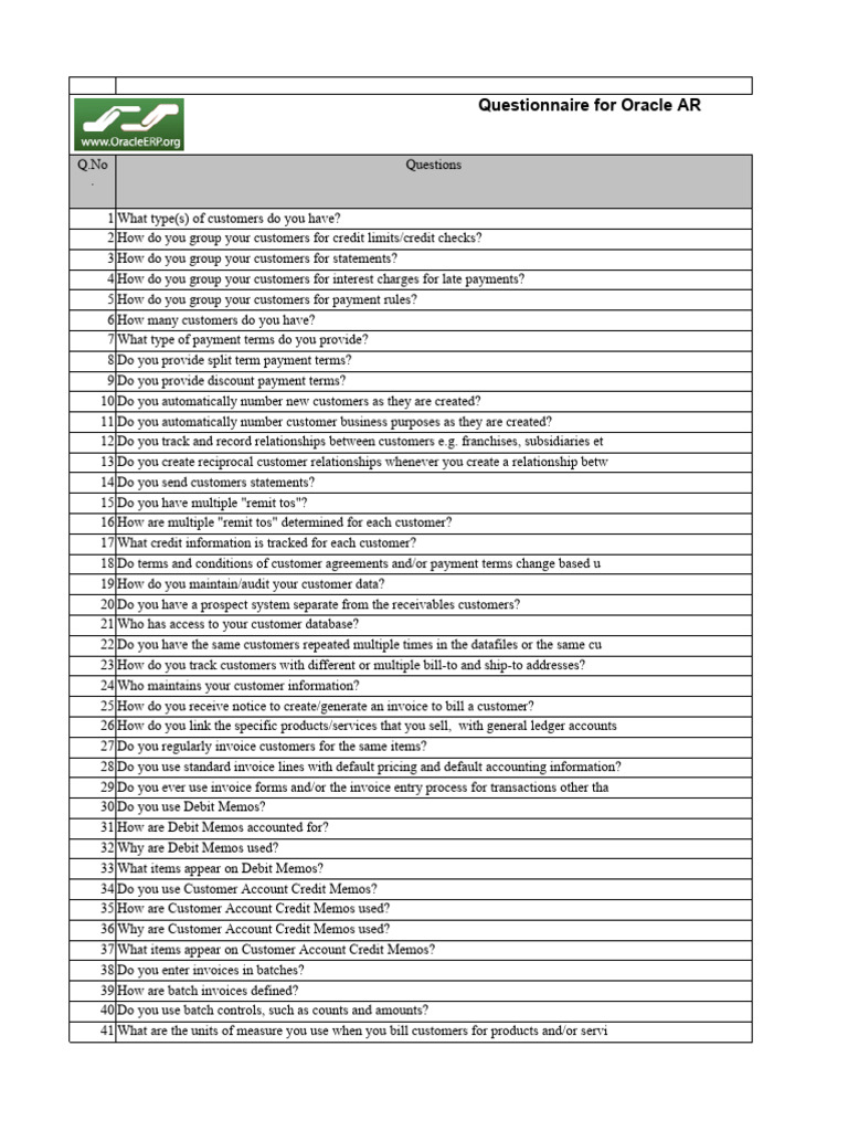 Oracle AR Questionnaire | PDF | Invoice | Debits And Credits