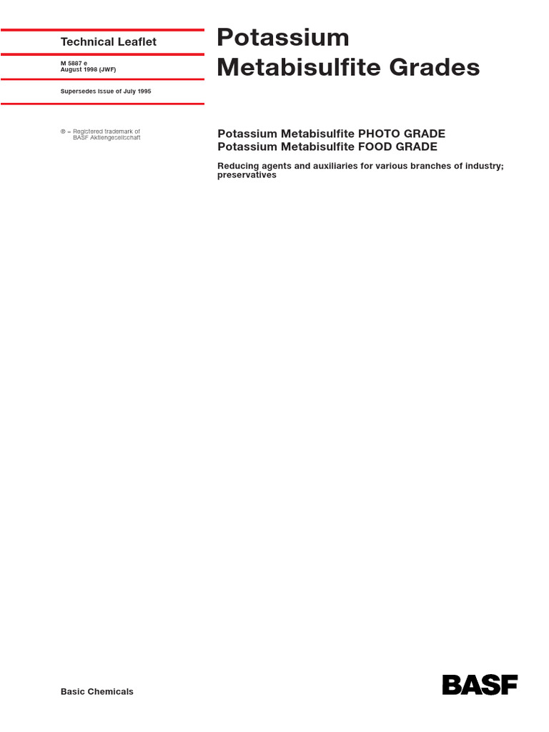 Potassium Metabisulfite TDS | PDF | Diet & Nutrition | Chemistry