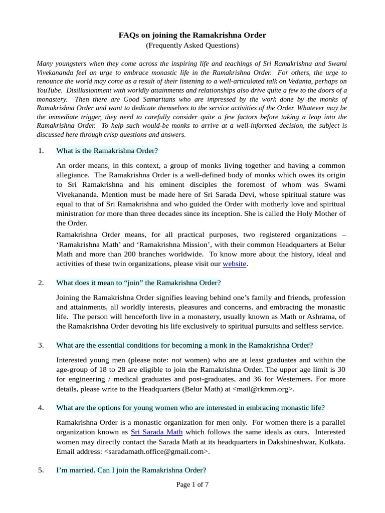 FAQs On Joining The Order | PDF | Ramakrishna Mission | Swami Vivekananda