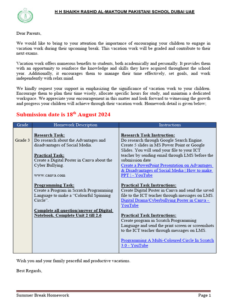 Grade 3 ICT Summer Vacation Homework 2024-25 | PDF | Educational Technology | Homework
